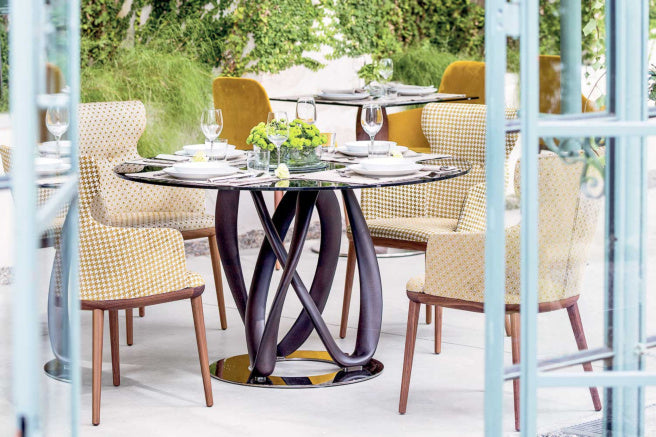 Porada Infinity Glass Dining Table – Round Sculptural Walnut Base ...